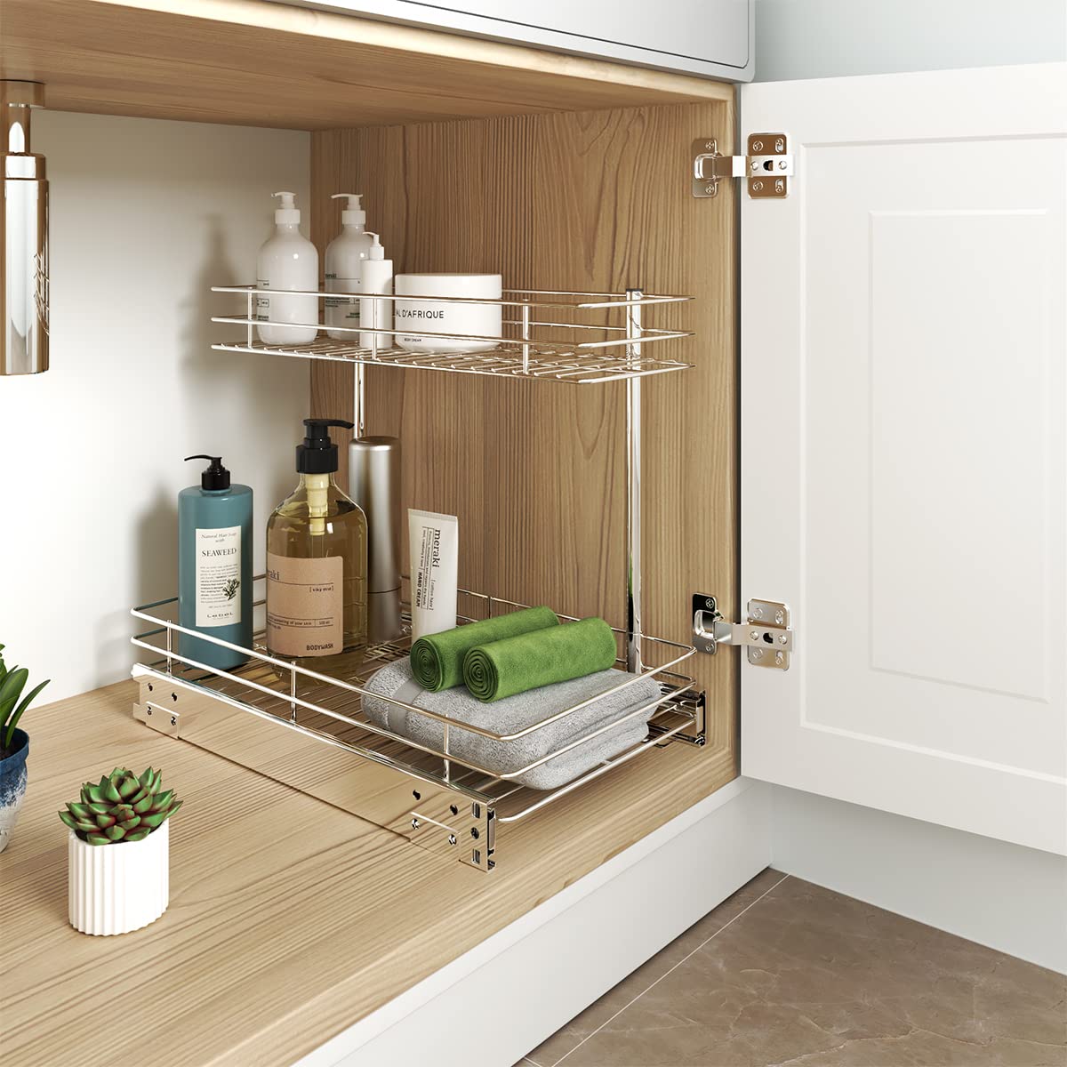 FANHAO Pull Out Cabinet Organizer, 2 Tier Wire Basket Under Sink Slide Out Storage Shelf with Sliding Drawer Storage - 10.43W x 17.32D x 14.56H, Request at Least 12 inch Cabinet Opening, Chrome