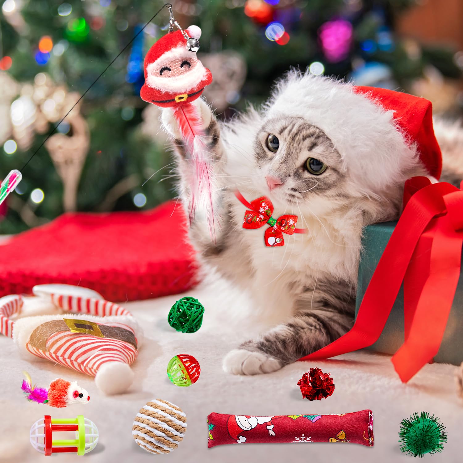 Cat Advent Calendar 2024, Christmas Countdown Calendar for Kitten with 24pcs Assorted Cat Christmas Toys Variety Pack Kitten Interactive Play Xmas Gifts