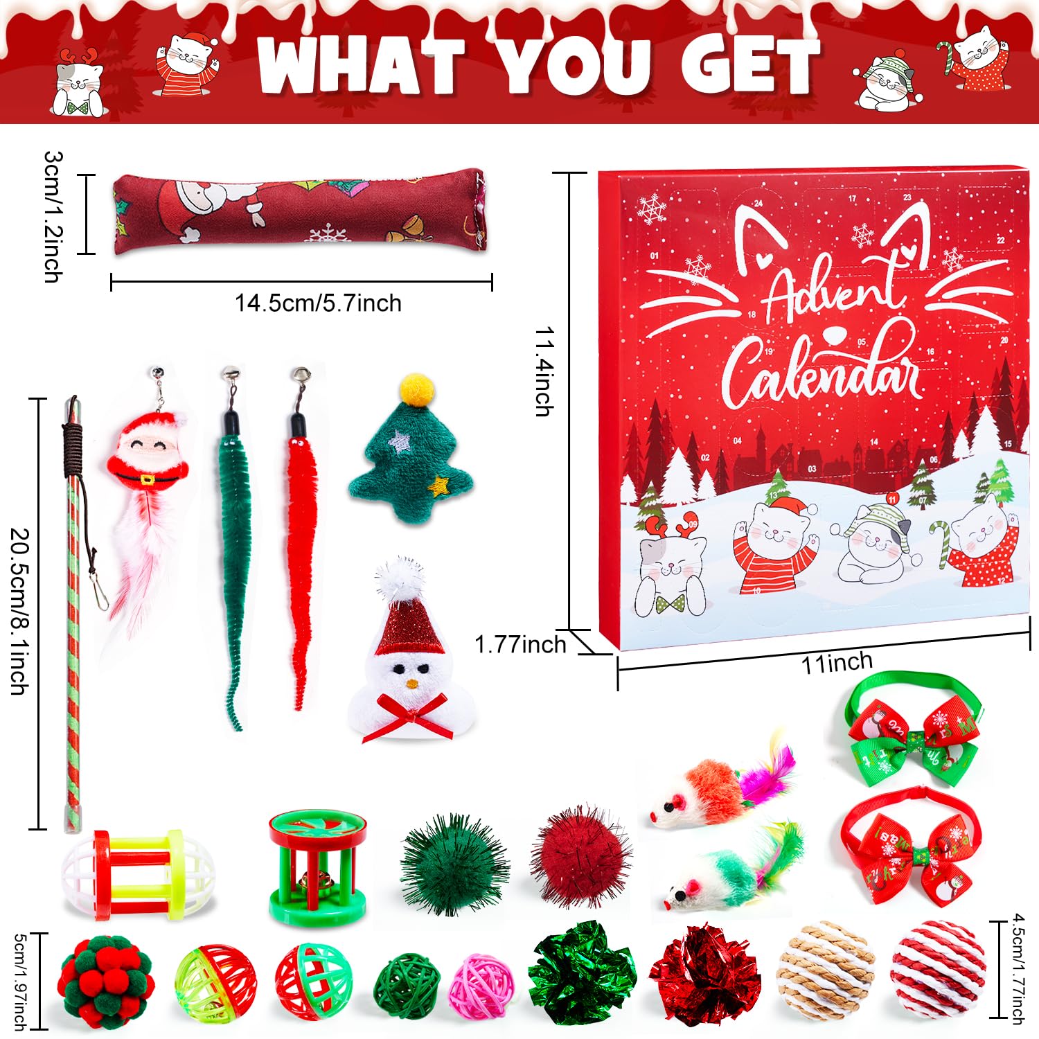 Cat Advent Calendar 2024, Christmas Countdown Calendar for Kitten with 24pcs Assorted Cat Christmas Toys Variety Pack Kitten Interactive Play Xmas Gifts