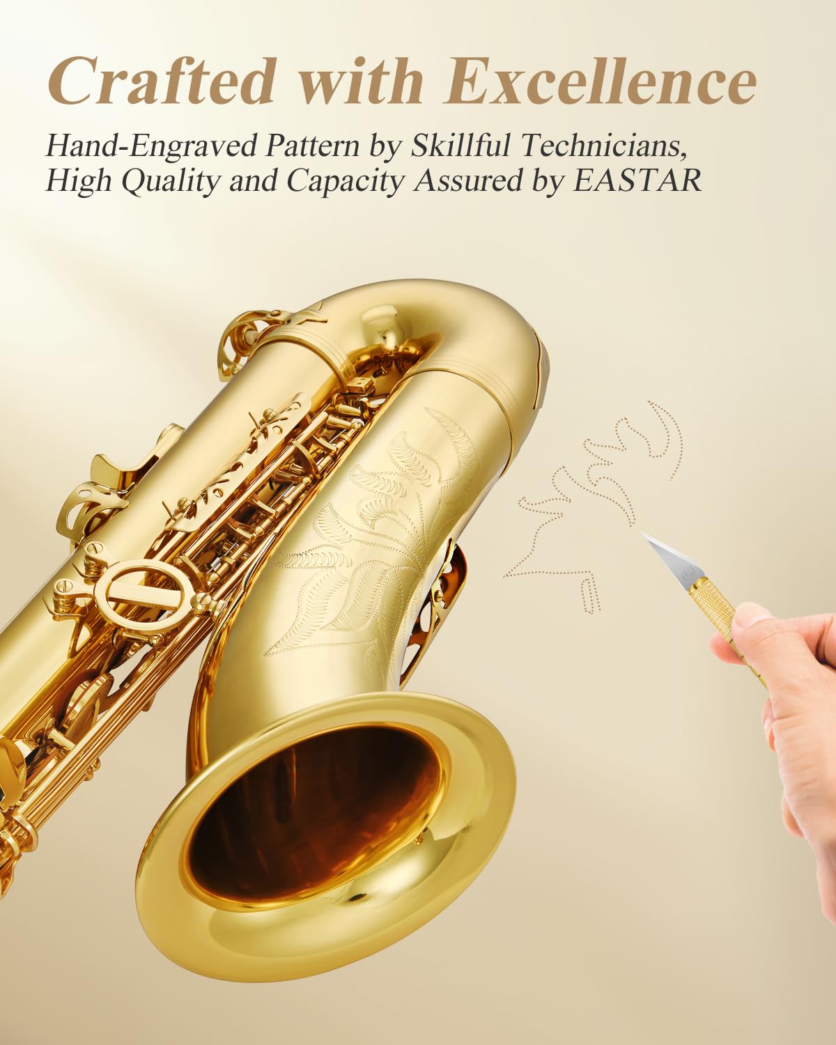 Eastar Tenor Saxophone Student Tenor Saxophone Bb Tenor Sax B Flat Gold Lacquer Beginner Saxophone With Cleaning Cloth,Carrying Case,Mouthpiece,Neck Strap, Reeds, Full Kit, TS-Ⅱ