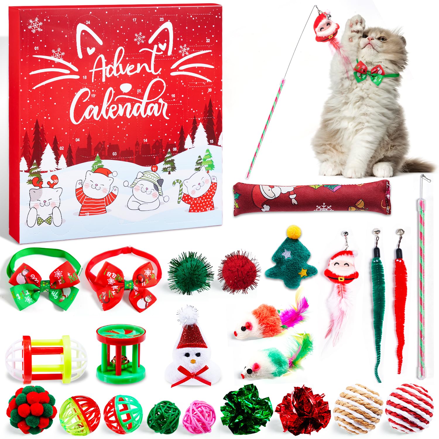 Cat Advent Calendar 2024, Christmas Countdown Calendar for Kitten with 24pcs Assorted Cat Christmas Toys Variety Pack Kitten Interactive Play Xmas Gifts