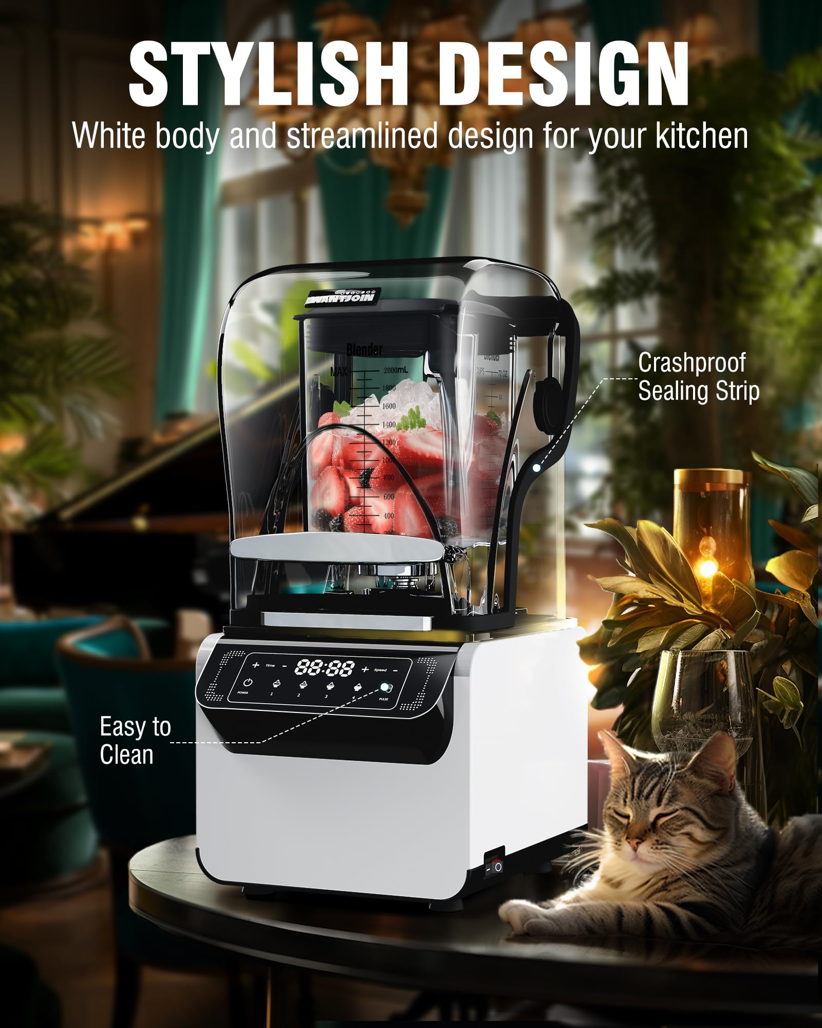 WantJoin Commercial Blender 72oz, Soundproof Quiet Blender with Digital Display Programmed for Ice Crushing,Smoothie,Grinding, Silent Blender Suit for Home&Commercial