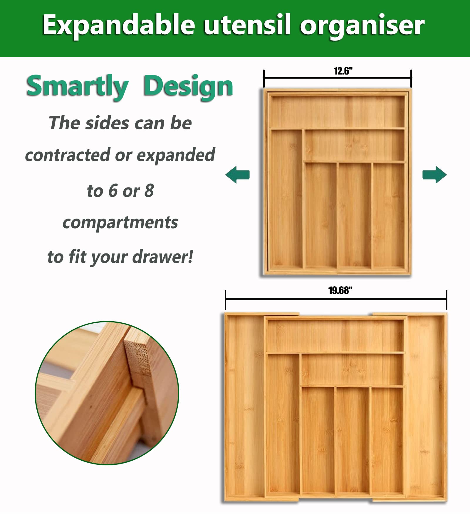 XYMiJiaLe bamboo expandable drawer organizer, bamboo drawer organizer, kitchen drawer organizer, cutlery tray, silverware organizer (6-8 slots) for kitchen, silverware, cutlery and makeup drawers.
