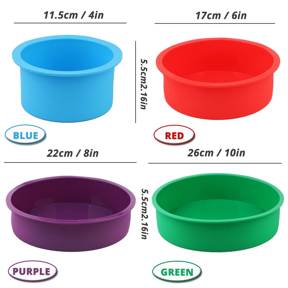 AILEHOPY Silicone Round Cake Pans Set, 4 Pcs (4"/6"/8"/10") extra thick Nonstick Leakproof Round Deep Cheesecake Pans, Layer Baking Pans Cake Tins Set for Birthday Wedding Tier Cake