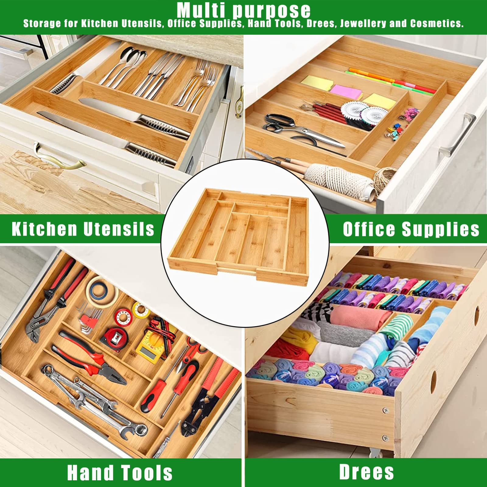 XYMiJiaLe bamboo expandable drawer organizer, bamboo drawer organizer, kitchen drawer organizer, cutlery tray, silverware organizer (6-8 slots) for kitchen, silverware, cutlery and makeup drawers.