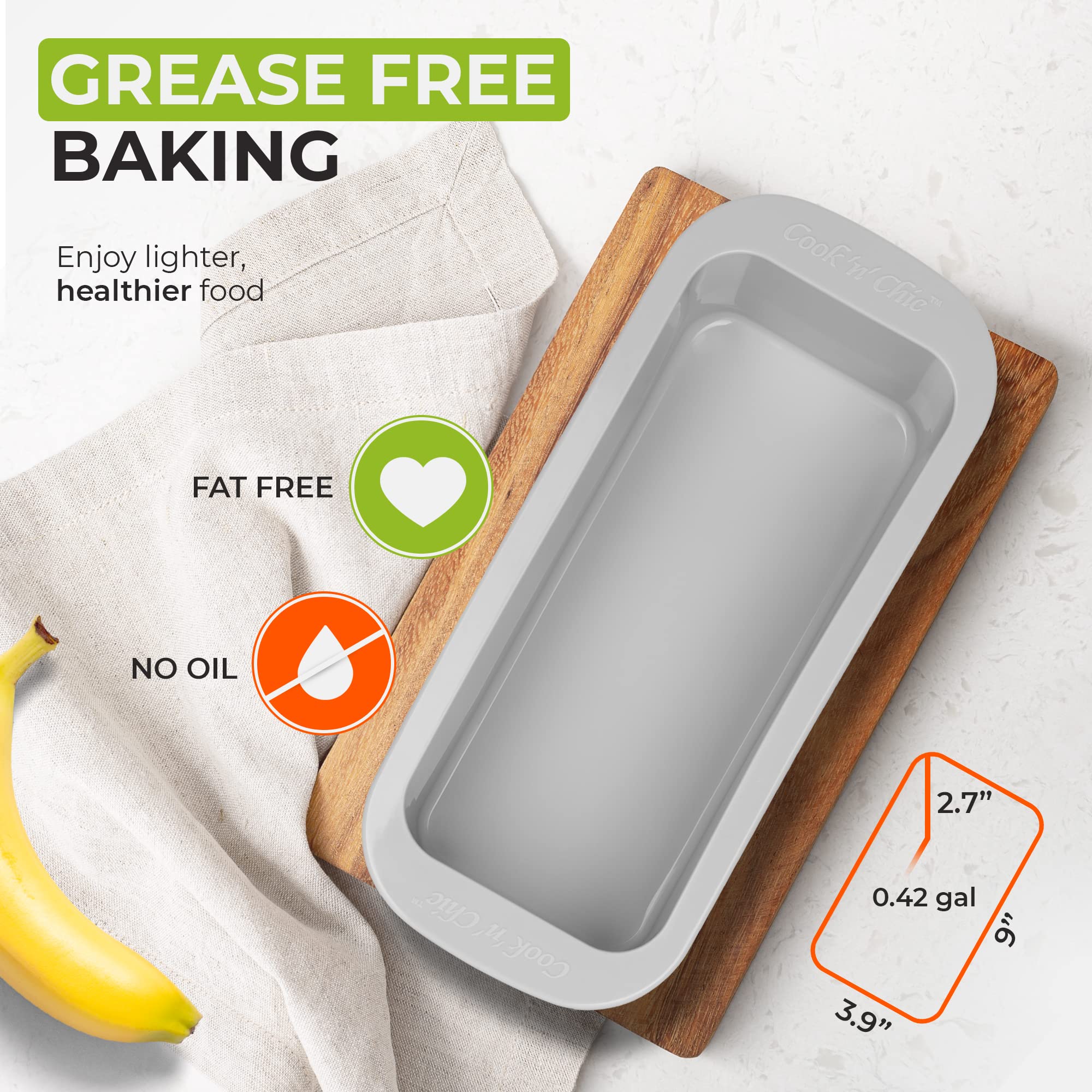 Silicone Loaf Pan (Medium) Non-Stick Oven Dish - Professional Bakeware Baking Mould for Cakes Pies Breads - Microwave Dishwasher Freezer Safe - Quick Release - 9.0" x 3.9" x 2.7" by Cook’n’Chic