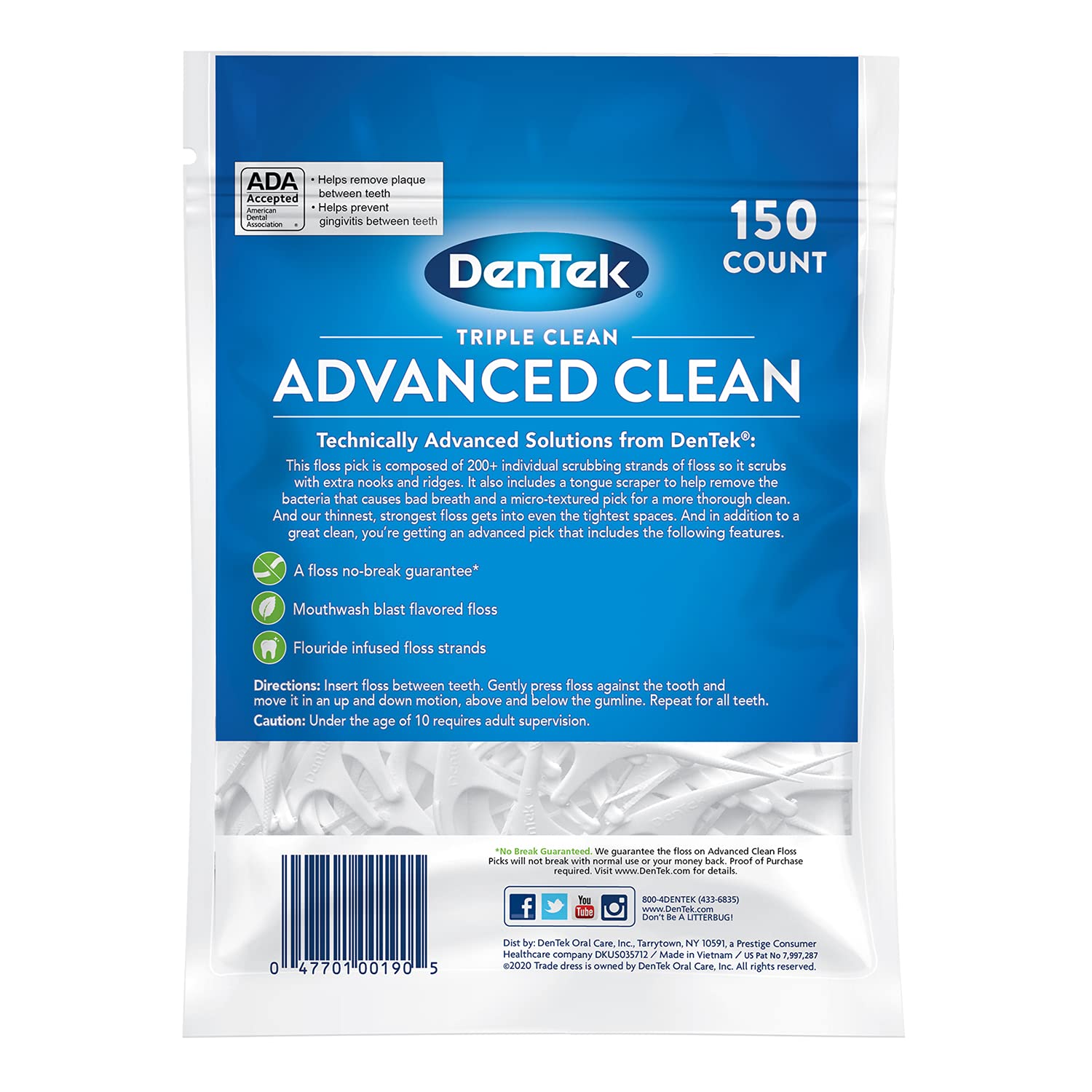DenTek Triple Clean Advanced Clean Floss Picks, No Break & No Shred Floss, 150 Count