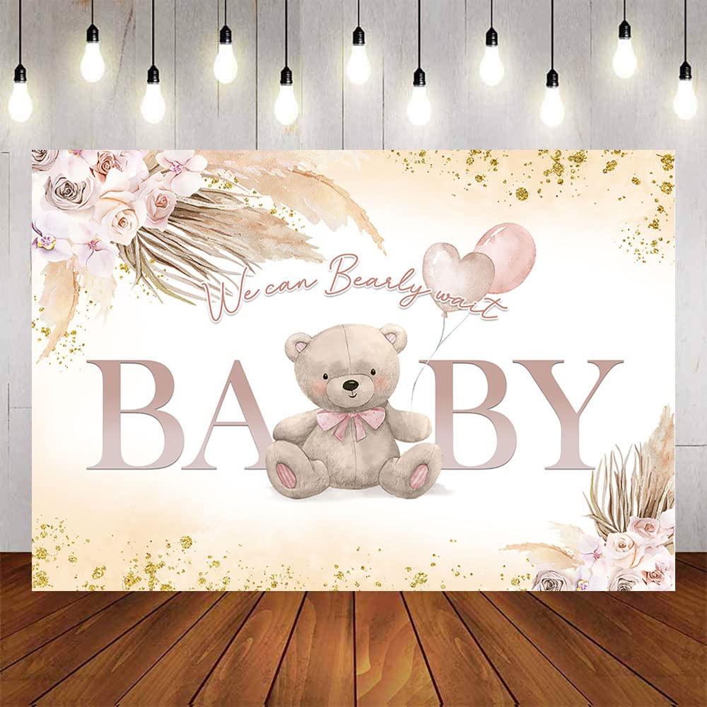 Aumeko Boho Bear Baby Shower Backdrop Bohemian Pampas Grass Pink Bear Baby Shower Background We can Bearly Wait Couples Co-Ed Shower Banner Decoration Supplies for Girls