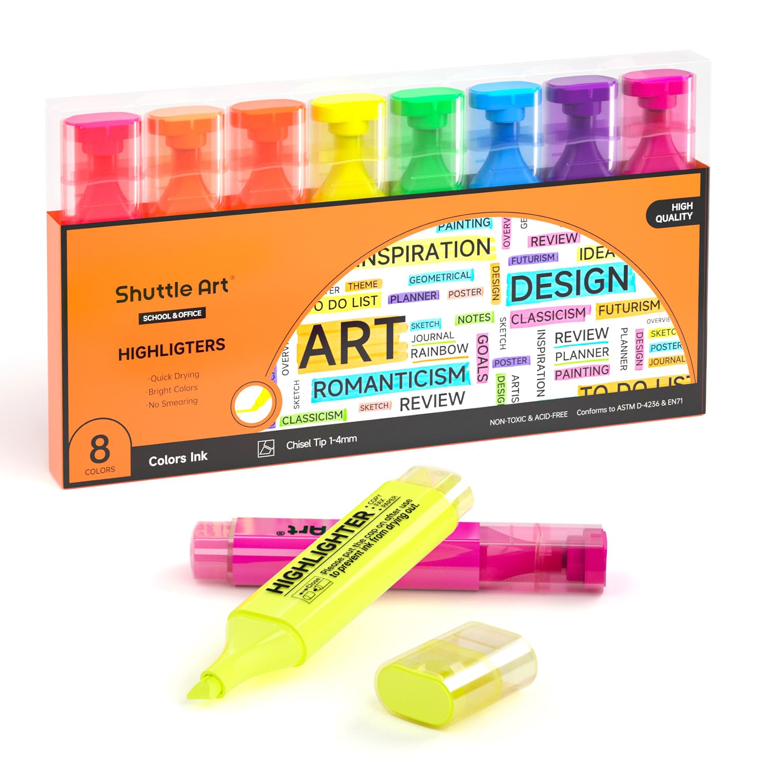 Shuttle Art Highlighters, 8 Assorted Colors Highlighter Pens, Chisel Tip Dry-Quickly Non-Toxic Highlighter Markers for Adults Kids Highlighting on Home School Office