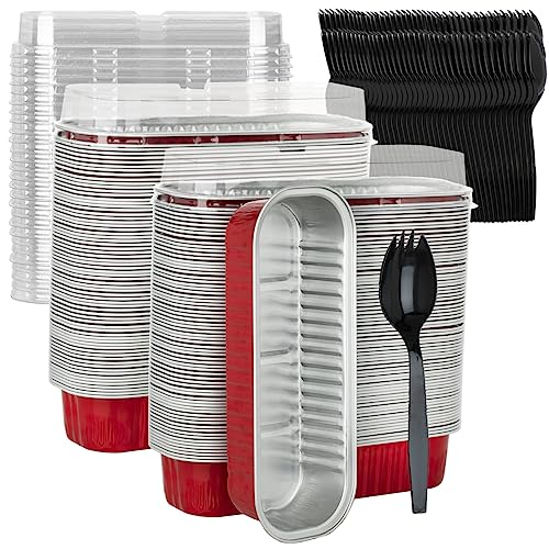 MOACOCK Aluminum Mini Loaf Pans, Aluminum Foil Pans with Lid, 6.8oz Disposable Rectangle Baking Containers Muffin Baking Tins Mini Cake Pans, 100 Pack Pans/Lids/Spoons (Red)