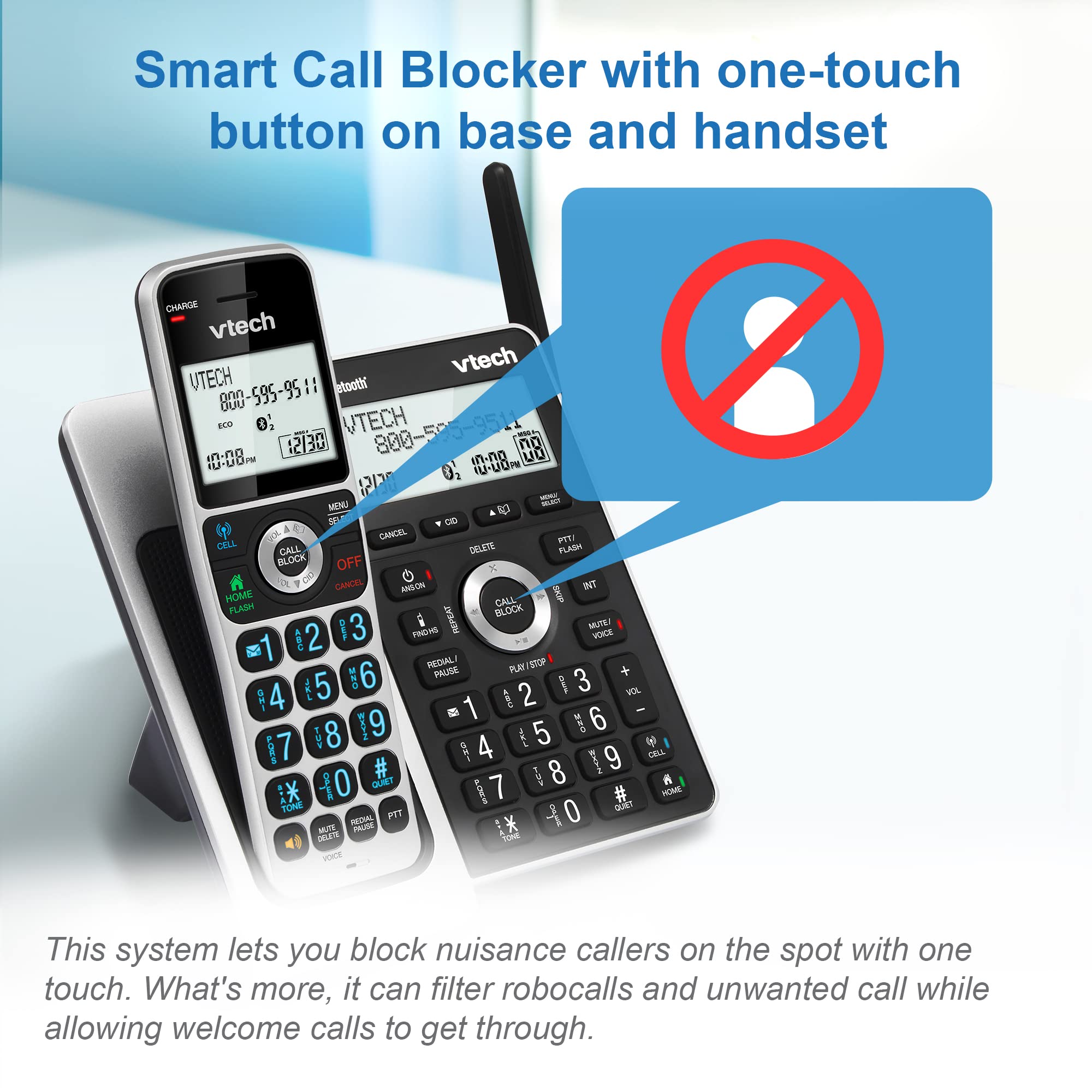 VTech VS306-3 DECT 6.0 3 Handsets Cordless Home Phone with Bluetooth, Answering System, Smart Call Blocker, Caller ID Announce, Backlit Display, Duplex Speakerphone (Silver & Black)