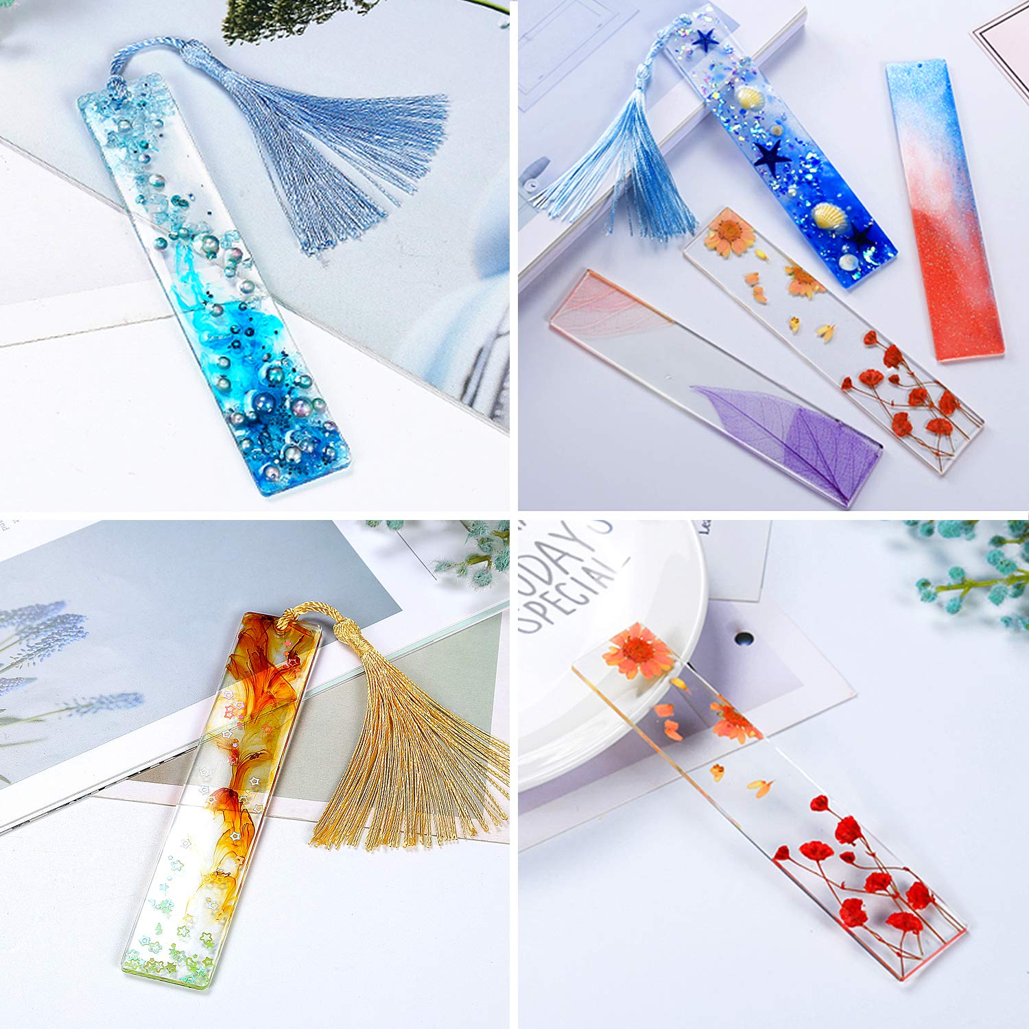 6 Pack DIY Bookmark Resin Mold Rectangle Bookmark Silicone Molds with 24 Pieces Colorful Tassels for Jewelry DIY Craft (6)