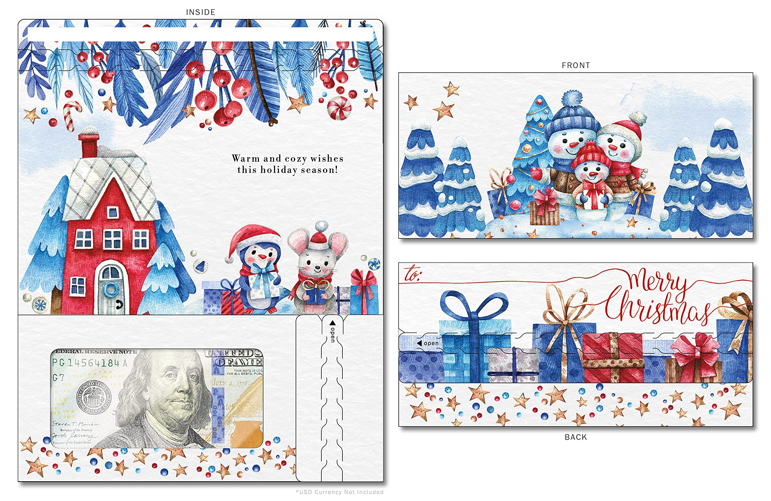 ZipGifts Holiday Card | Zip-Open Money Holder w/Clear Plastic Window for Cash, Check, & Gift Card (Warm & Cozy | 5-Pack)