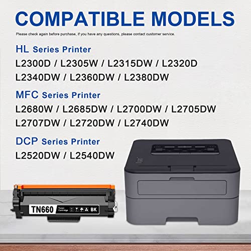 High Yield TN660 Black Toner Cartridge - Compatible TN-660 TN 660 PIONOUS Replacement for Brother HL-L2300D HL-L2305W HL-L2360DW HL-L2380DW DCP-L2520DW MFC-L2680W MFC-L2707DW Printers - 2 Pack