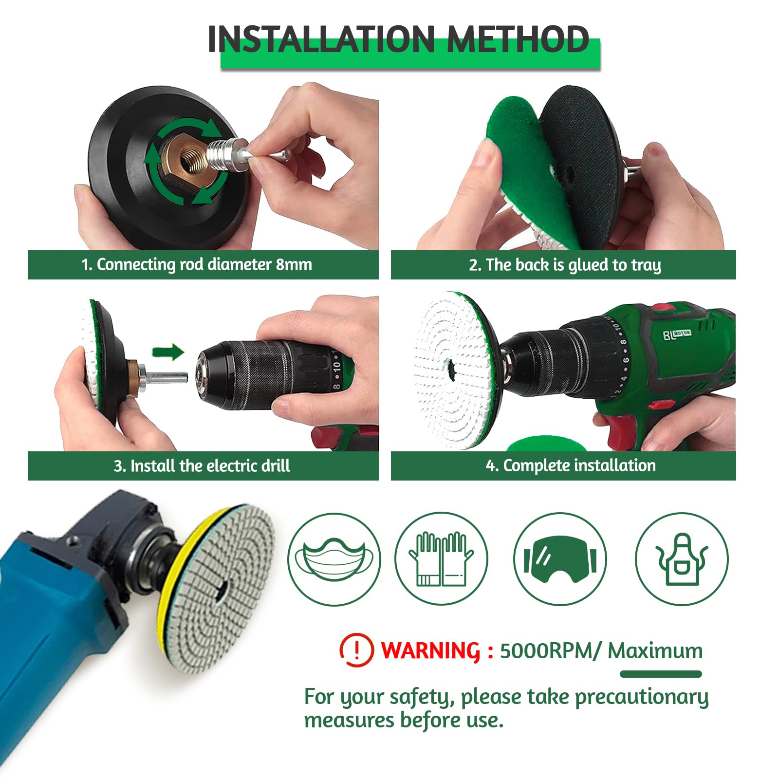 4 Inch Diamond Polishing Pads -11PCS Stone Polishing Kit, 50-3000 Grit with Two Different 5/8’’-11 Backer Pads for Granite, Marble, and Quartz Countertops - Use with Drill, Grinder, and Polisher.