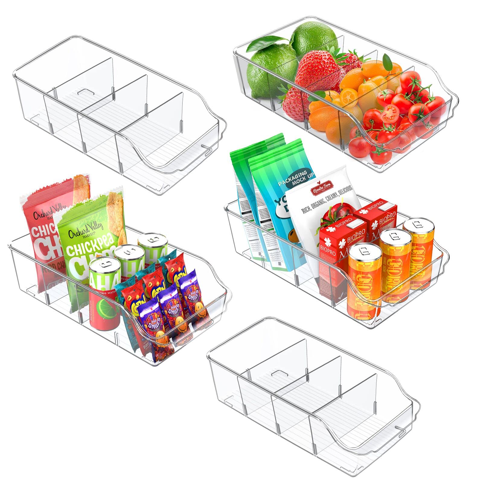 Plastic Pantry Organization and Storage Bins with Dividers, 5 Pack Plastic Clear Storage Bins for Storing Snacks, Seasoning, Pouches, Refrigerator Organizer Bins, Cabinet Organizers, Snack organizer