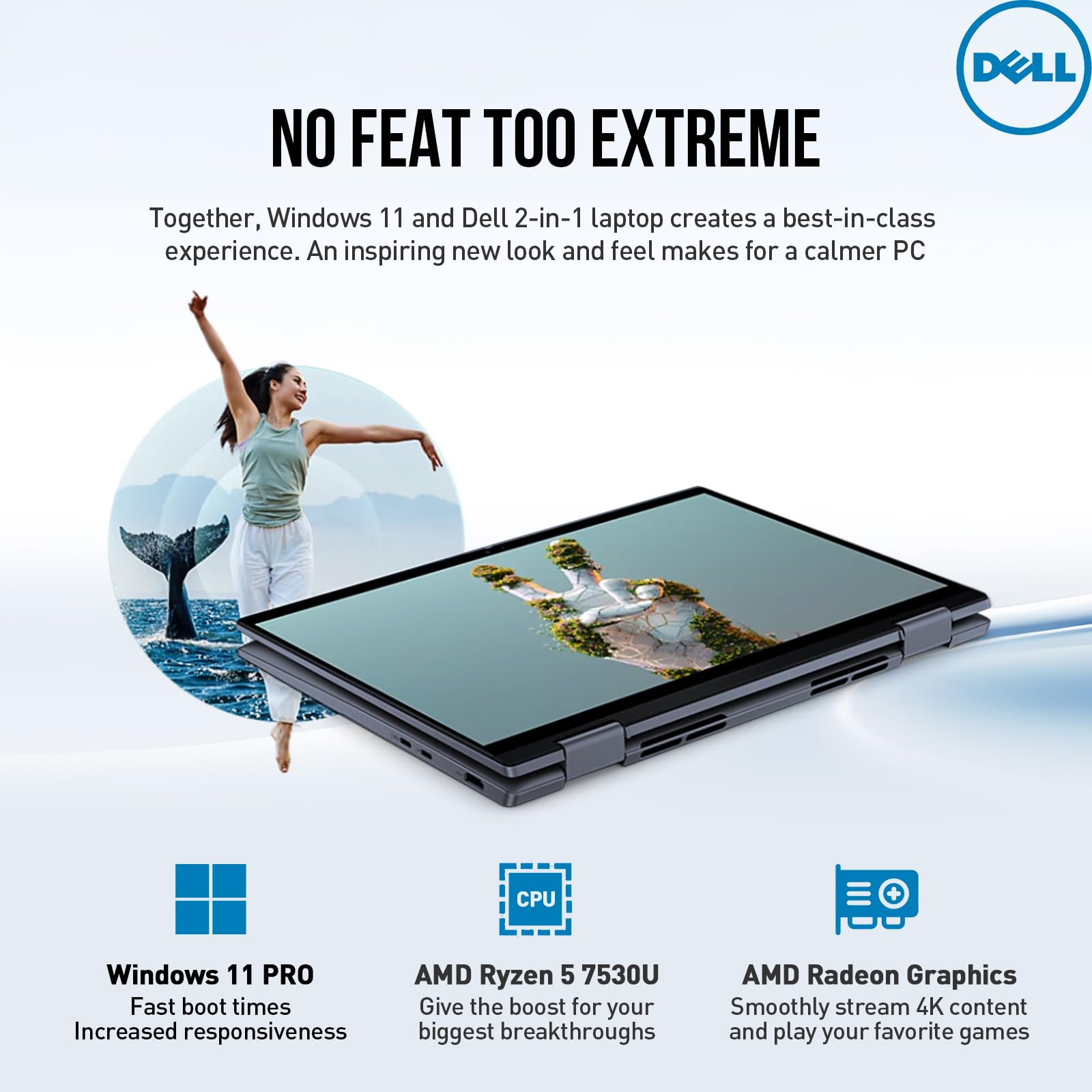 Dell Inspiron 14 2 in 1 Touchscreen Laptop, 14 Inch FHD+ Touch Screen Convertible, AMD Ryzen 5, 8GB RAM 256GB SSD, Windows 11 Pro, Lifetime Microsoft Office, Backlit Keyboard, Fingerprint Reader, HDMI