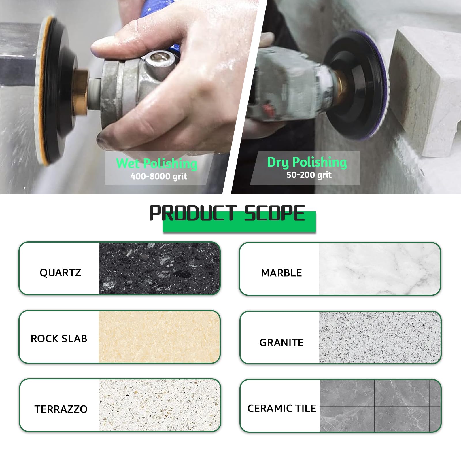 4 Inch Diamond Polishing Pads -11PCS Stone Polishing Kit, 50-3000 Grit with Two Different 5/8’’-11 Backer Pads for Granite, Marble, and Quartz Countertops - Use with Drill, Grinder, and Polisher.
