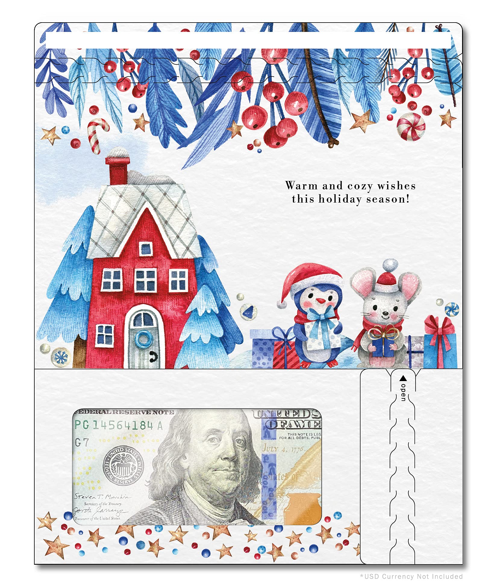ZipGifts Holiday Card | Zip-Open Money Holder w/Clear Plastic Window for Cash, Check, & Gift Card (Warm & Cozy | 5-Pack)