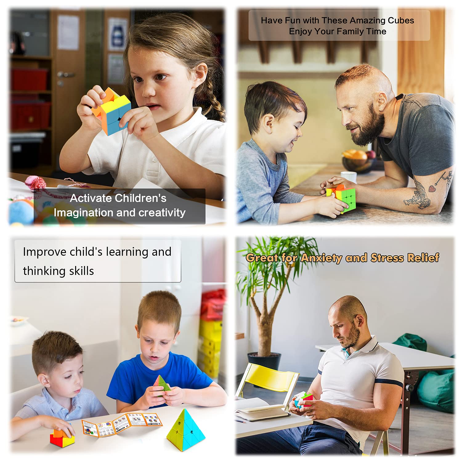 Roxenda Speed Cube Set, Speed Cube Bundle of 2x2 3x3 4x4 and Pyramid Cube Smoothly Stickerless Magic Cubes Collection for Kids Teens & Adults [4 Pack] (Stickerless)