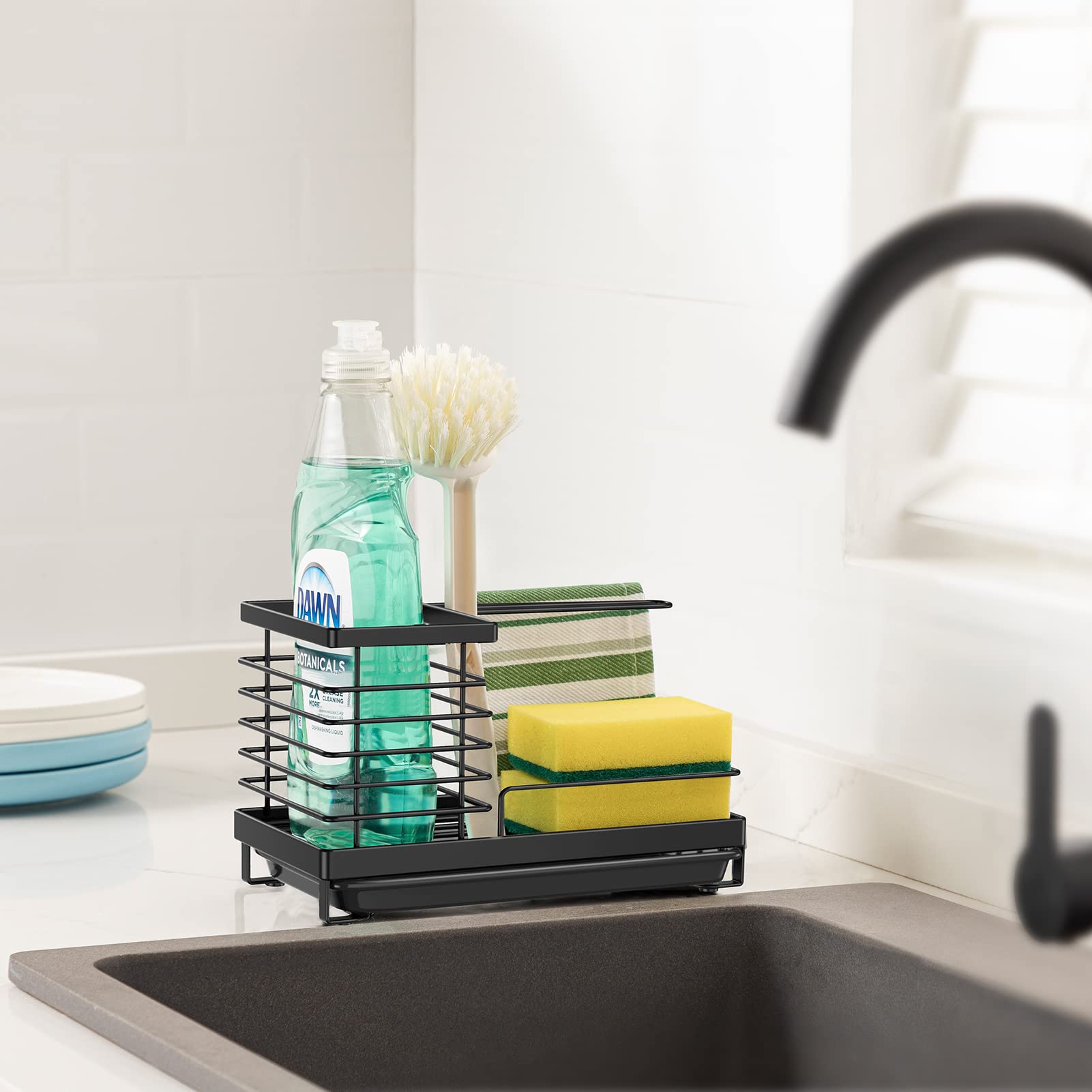 Oyydecor Sink Caddy, Sponge Holder for Kitchen Sink Organizer, 304 Stainless Steel Rustproof Countertop Sponge Brush Soap Holder with Drain Pan for Counter (Black)