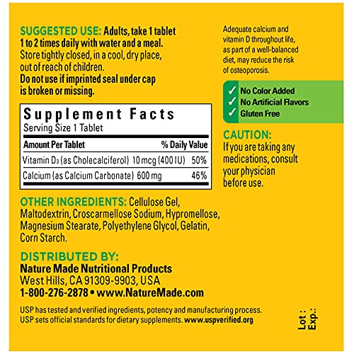 Nature Made Calcium 600 mg with Vitamin D3 for Immune Support, Tablets, 60 Count, helps support Bone Strength (Pack of 3)