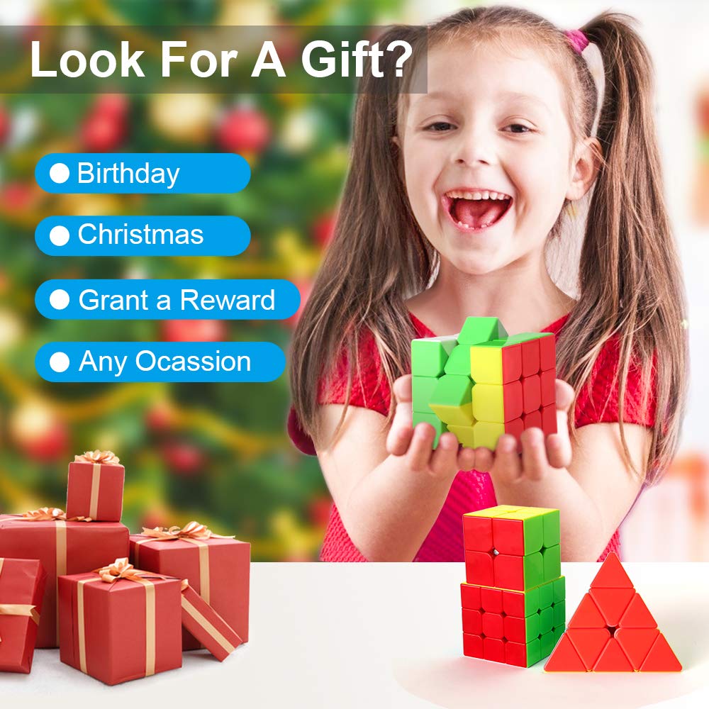 Roxenda Speed Cube Set, Speed Cube Bundle of 2x2 3x3 4x4 and Pyramid Cube Smoothly Stickerless Magic Cubes Collection for Kids Teens & Adults [4 Pack] (Stickerless)