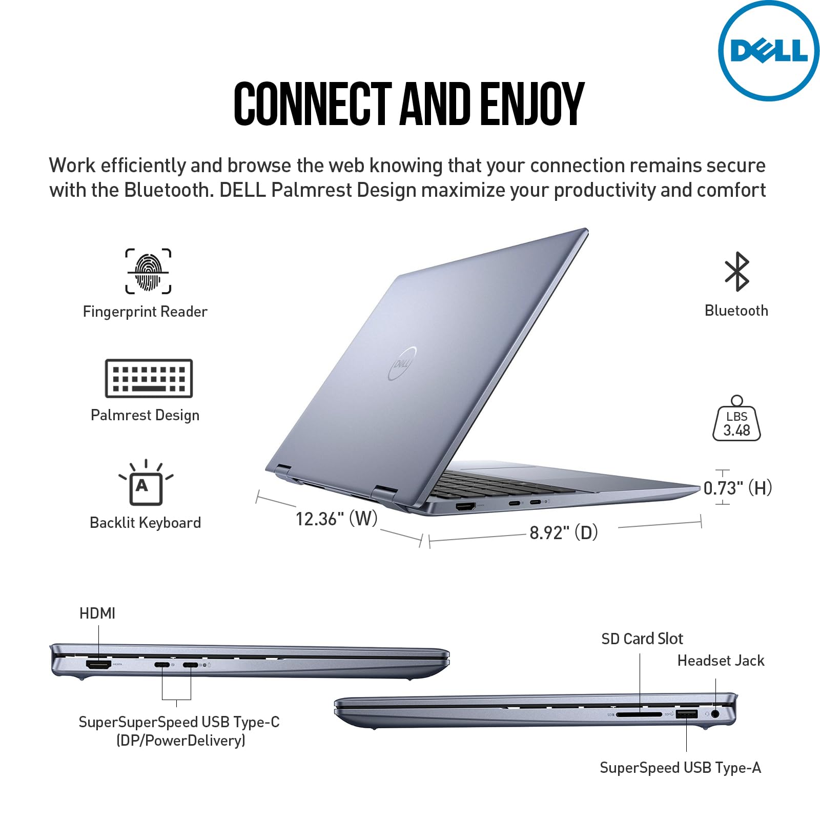 Dell Inspiron 14 2 in 1 Touchscreen Laptop, 14 Inch FHD+ Touch Screen Convertible, AMD Ryzen 5, 8GB RAM 256GB SSD, Windows 11 Pro, Lifetime Microsoft Office, Backlit Keyboard, Fingerprint Reader, HDMI