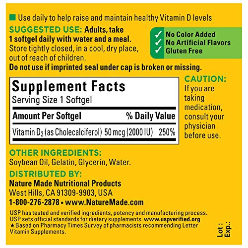 Vitamin D3, 90 Softgels, Vitamin D 2000 IU (50 mcg) Helps Support Immune Health, Strong Bones and Teeth, & Muscle Function, 250% of the Daily Value for Vitamin D in One Daily Softgel