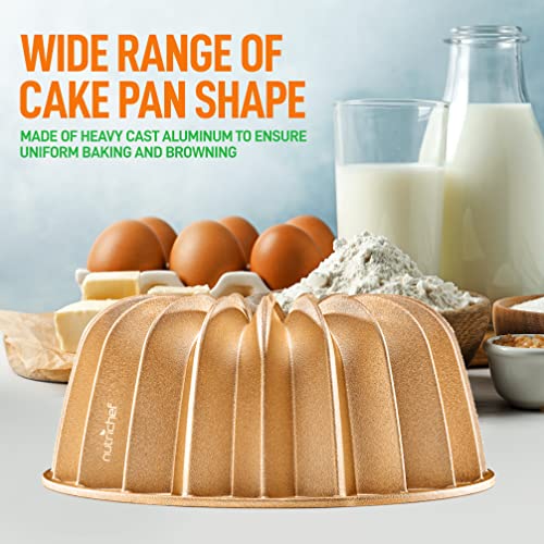 NutriChef 9-Inch Cake Pan - Thick and Heavy Cast Aluminum Bakeware Cake Mold with 2 Layers of Nonstick Coating - Fluted Lines Design for Uniform Baking Up To 500 Degrees - Easy to Clean, Gold