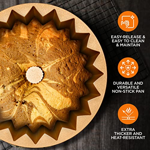 NutriChef 9-Inch Cake Pan - Thick and Heavy Cast Aluminum Bakeware Cake Mold with 2 Layers of Nonstick Coating - Fluted Lines Design for Uniform Baking Up To 500 Degrees - Easy to Clean, Gold