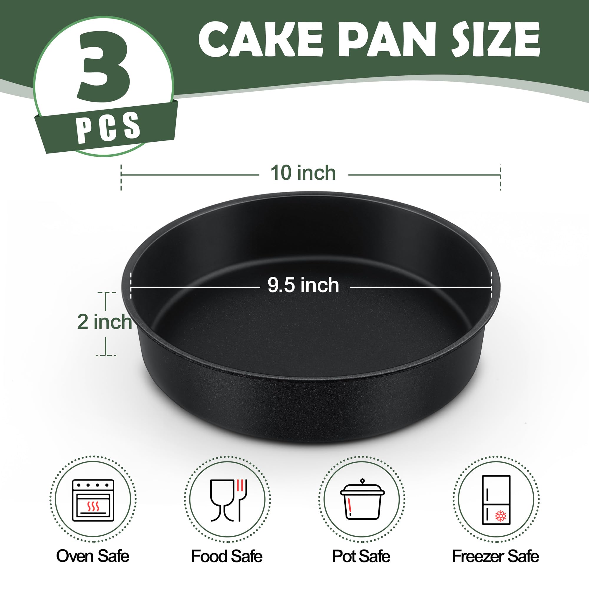 E-far 9.5 Inch Cake Pan Set of 3, Nonstick Round Baking Layer Cake Pans, Stainless Steel Core & Non-Toxic Coating, 2 Inch Deep (Black)