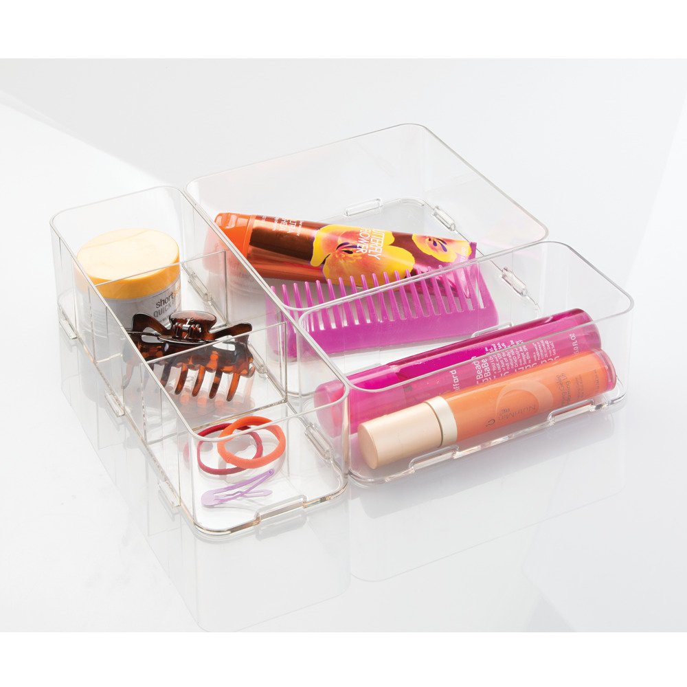 InterDesign Clarity Bathroom Interlocking Divided Drawer Organizer for Cosmetics, Beauty Products, Hair Accessories, Clear, X-Large, 12-inch x 4-inch x 3-inch