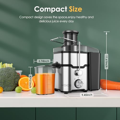 Juicer Machines, KOIOS 600W Centrifugal Juicer Extractor with 3 Speeds, 2.5'' Feed Chute for Fruit and Vegetable, 304 Stainless Steel,Easy to Clean,Anti-drip,BPA Free, Included Brush,Black