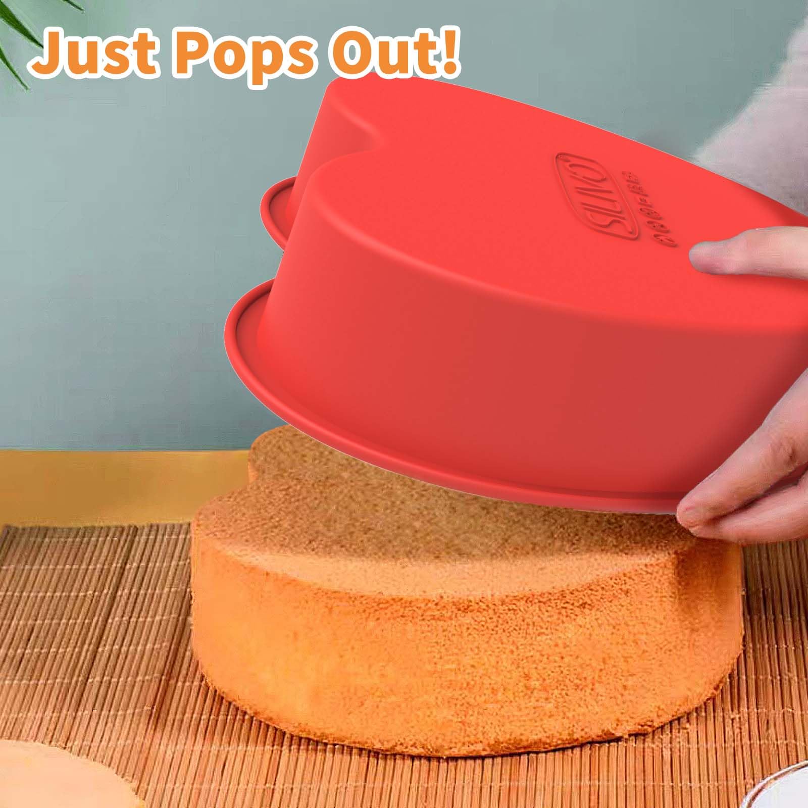SILIVO Silicone Heart Shaped Cake Pans, 8 Inch, Red, Nonstick, Food Grade Silicone, Easy Clean, Freezer, Microwave and Oven Safe