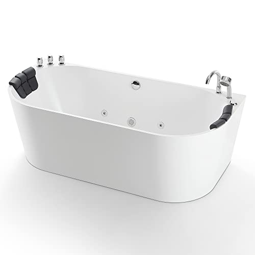 Whirlpool Bathtub 59 in. Acrylic Freestanding Bath Tub Hydromassage Gracefully Oval Shaped 8 Water Jets Soaking SPA, Double-Ended Massage Bathtubs with Two Black Pillow , White
