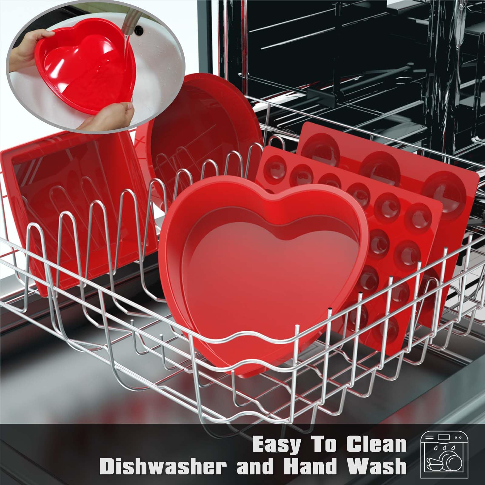 SILIVO Silicone Heart Shaped Cake Pans, 8 Inch, Red, Nonstick, Food Grade Silicone, Easy Clean, Freezer, Microwave and Oven Safe