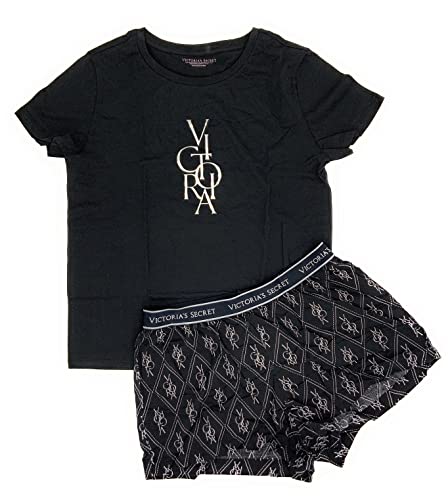 Victoria's Secret The Lounge PJ Cotton Short Tee-jama Pajama Set, Black/White Logos, Large