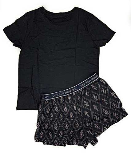 Victoria's Secret The Lounge PJ Cotton Short Tee-jama Pajama Set, Black/White Logos, Large