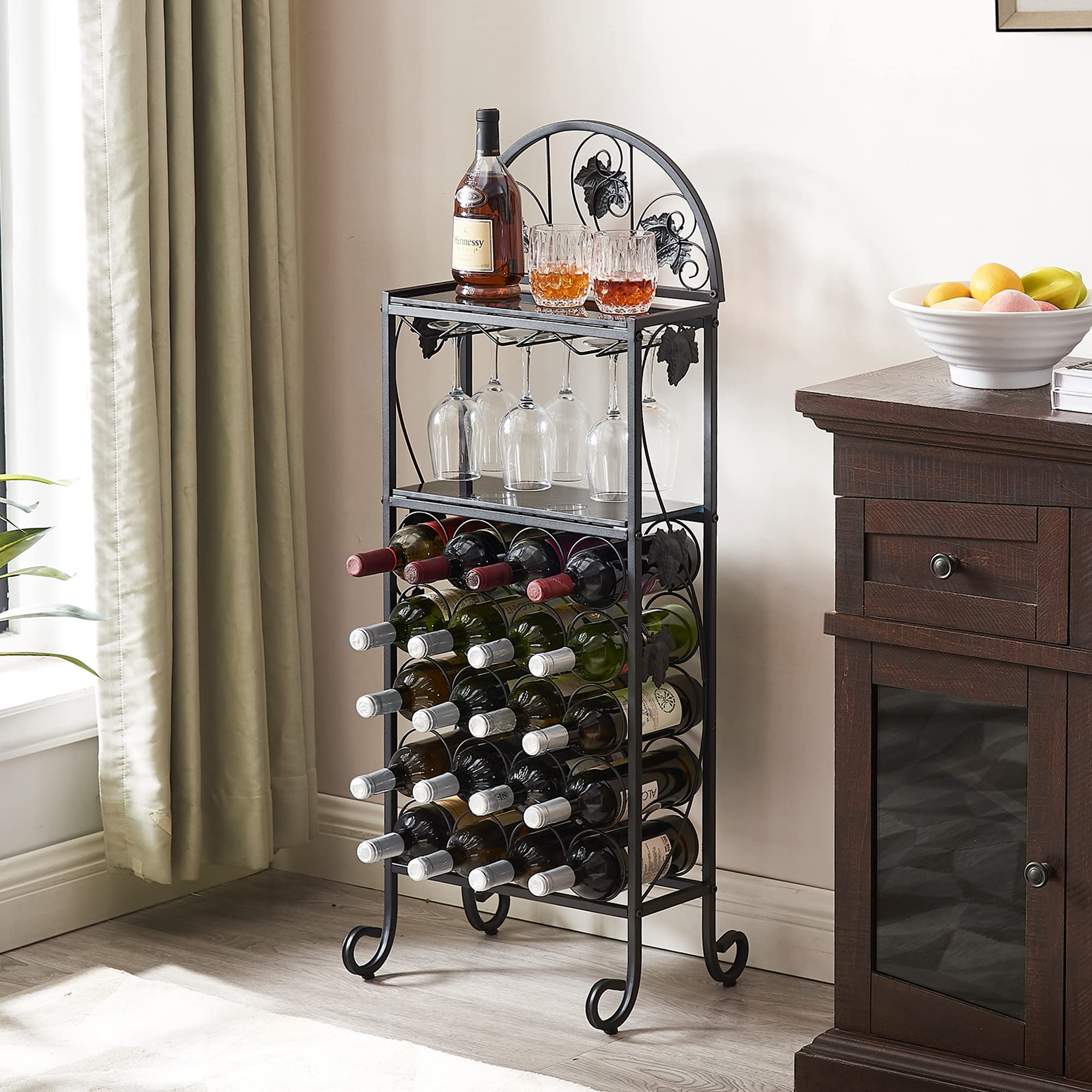 VECELO Metal Wine Rack Hold 20 Bottles with Glasses Holder, Freestanding Floor Bar Storage & Display Shelf for Kitchen Dining Living Room, Black Glass Top