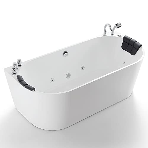 Whirlpool Bathtub 59 in. Acrylic Freestanding Bath Tub Hydromassage Gracefully Oval Shaped 8 Water Jets Soaking SPA, Double-Ended Massage Bathtubs with Two Black Pillow , White