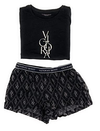 Victoria's Secret The Lounge PJ Cotton Short Tee-jama Pajama Set, Black/White Logos, Large
