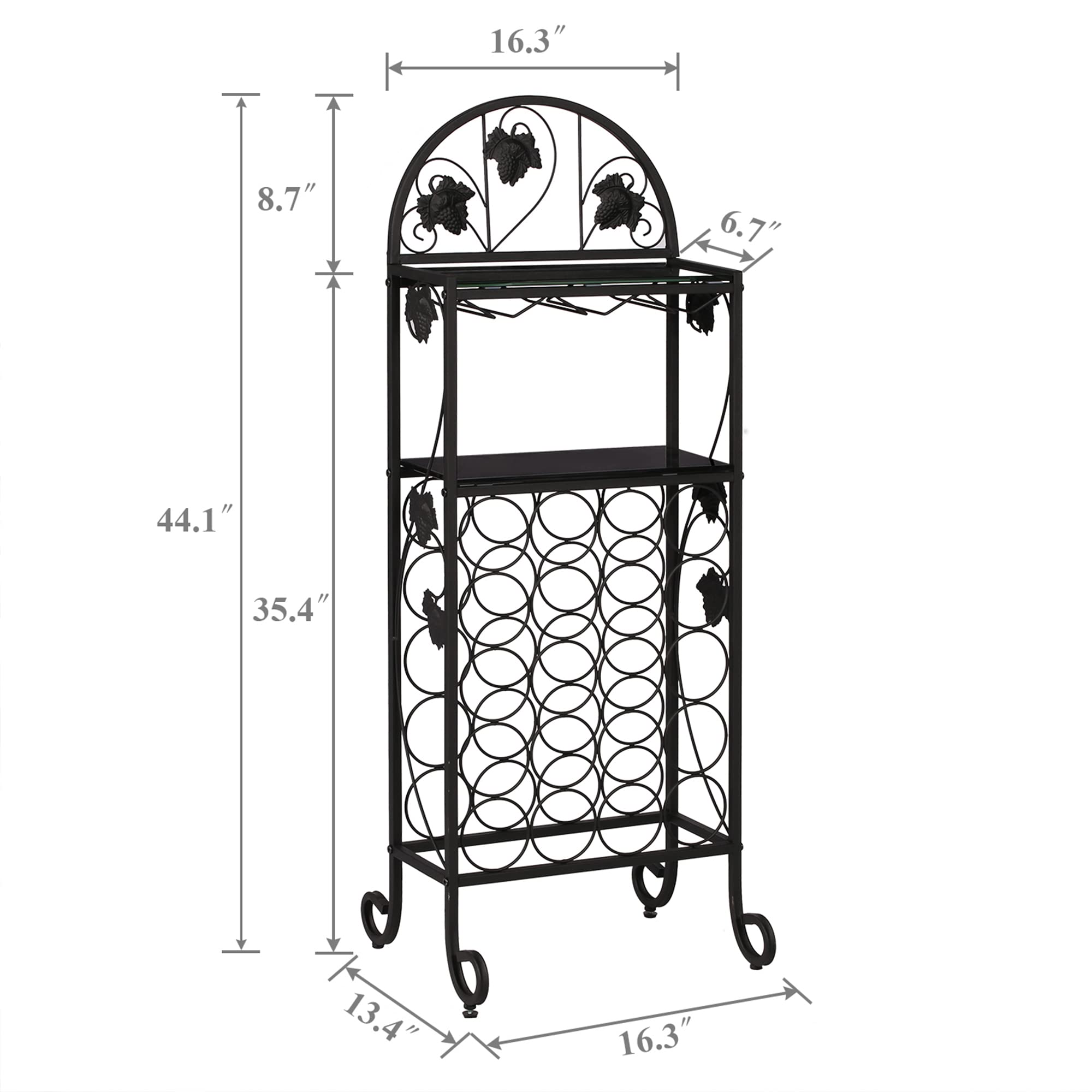 VECELO Metal Wine Rack Hold 20 Bottles with Glasses Holder, Freestanding Floor Bar Storage & Display Shelf for Kitchen Dining Living Room, Black Glass Top