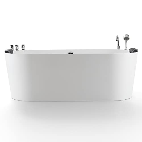 Whirlpool Bathtub 59 in. Acrylic Freestanding Bath Tub Hydromassage Gracefully Oval Shaped 8 Water Jets Soaking SPA, Double-Ended Massage Bathtubs with Two Black Pillow , White