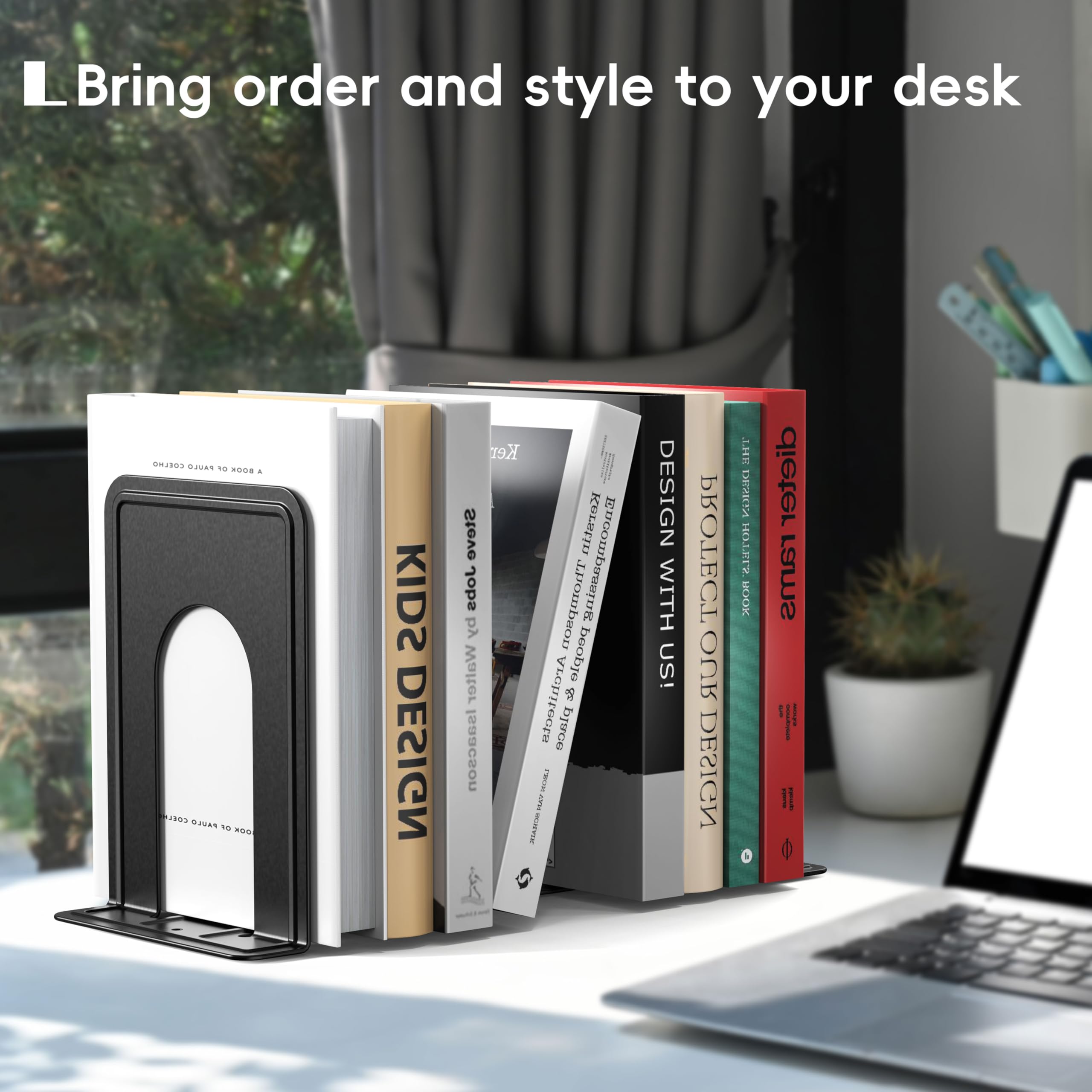 Bookends, Bookend Supports Heavy Duty Metal Bookend Support, Book Ends Supports for Shelves Decor Home Office School (1 Pair/2 Pieces, Black)