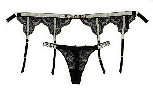 Victoria's Secret Bombshell Shine Strap Thong Panty and Garter Belt Bundle, Black Lace, Medium