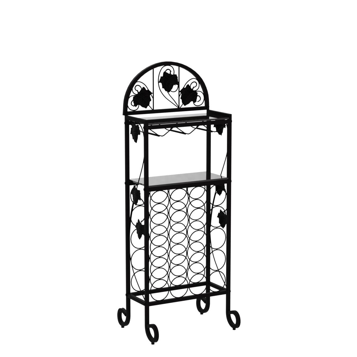 VECELO Metal Wine Rack Hold 20 Bottles with Glasses Holder, Freestanding Floor Bar Storage & Display Shelf for Kitchen Dining Living Room, Black Glass Top