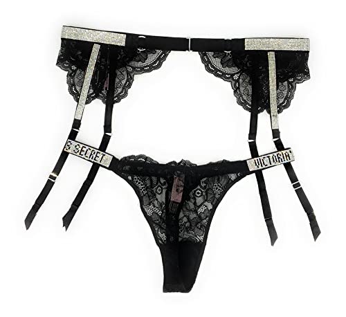Victoria's Secret Bombshell Shine Strap Thong Panty and Garter Belt Bundle, Black Lace, Medium