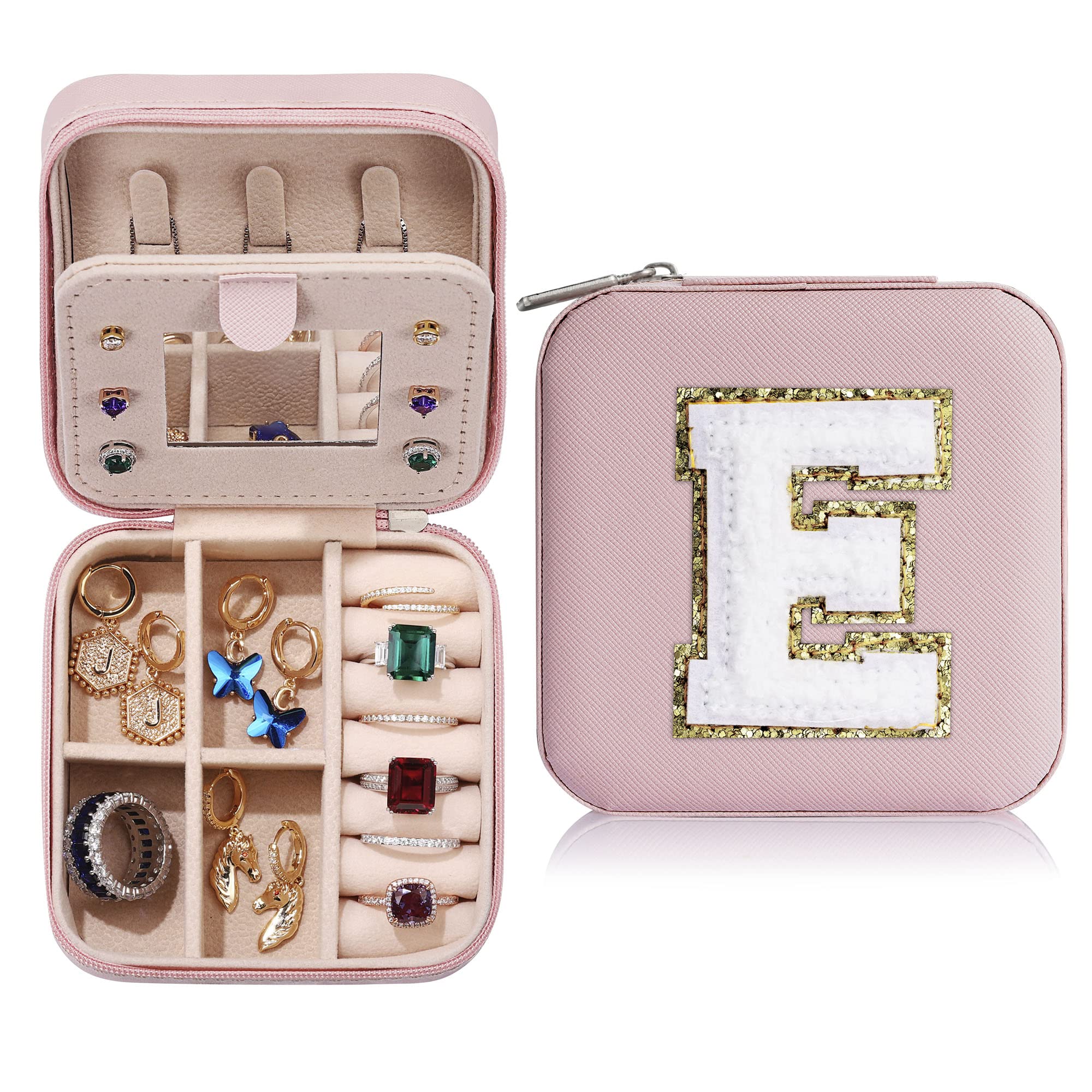 Parima Gifts for Teen Girls - 2025 Travel Jewelry Case Gifts Ideas, 6,7,8,9,10,11,12,13,14 Year Old Girl Birthday Gift Travel Jewelry Organizer Christmas Gifts for Daughter - Letter E, Pink