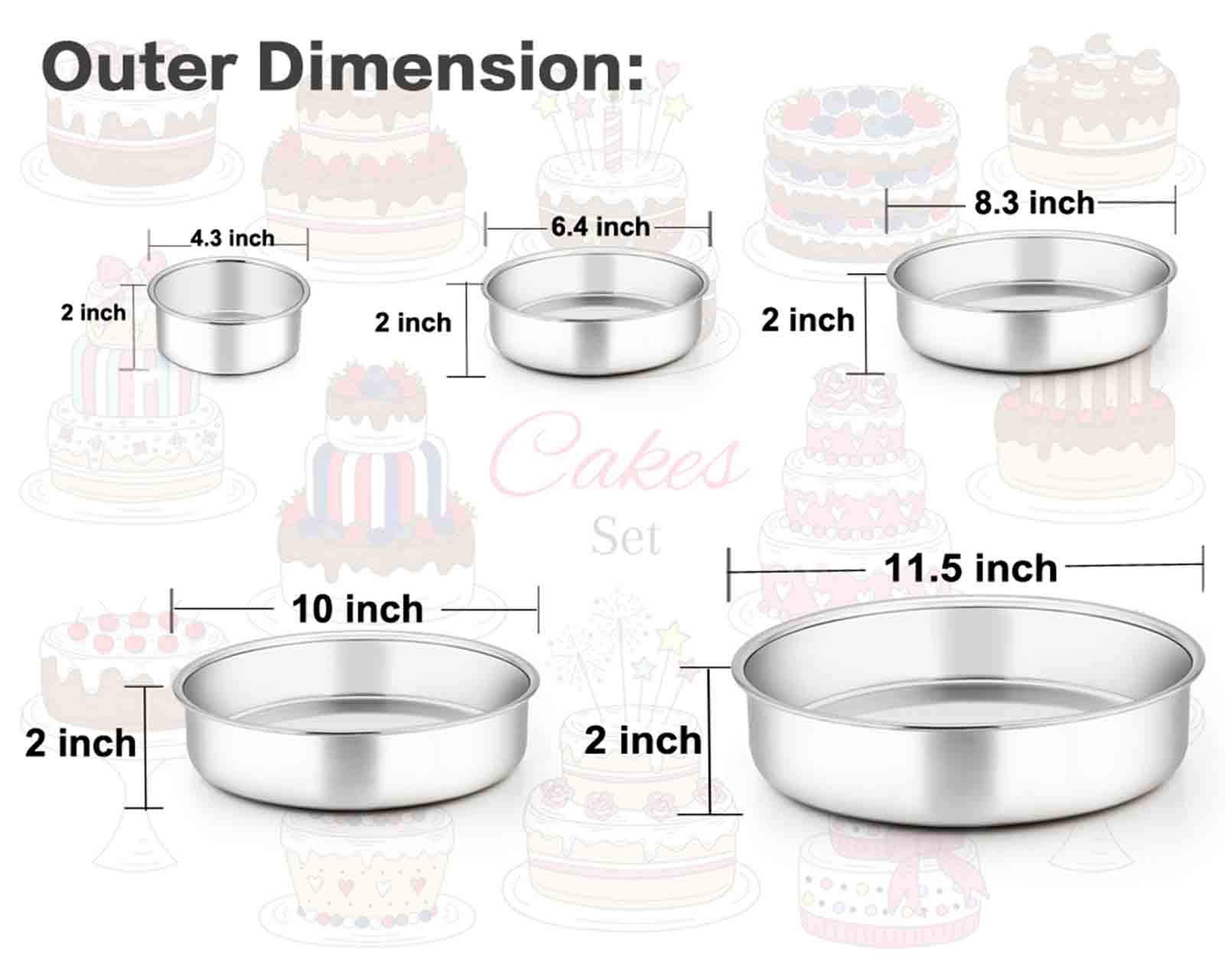 TeamFar Cake Pan, 4’’ - 6’’ - 8’’ - 9½’’ - 11’’, Stainless Steel Round Baking Tier Cake Pans Set, Healthy & Heavy Duty, Mirror Finish & Dishwasher Safe - Set of 5